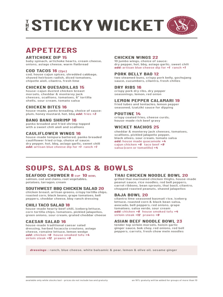 Sticky Wicket Food Menu Nov 12 | PDF | Hamburgers | Sauce