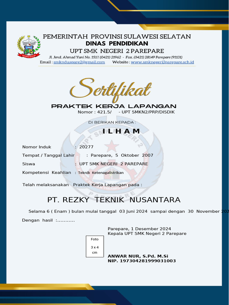 Sertifikat PKL Ilham | PDF