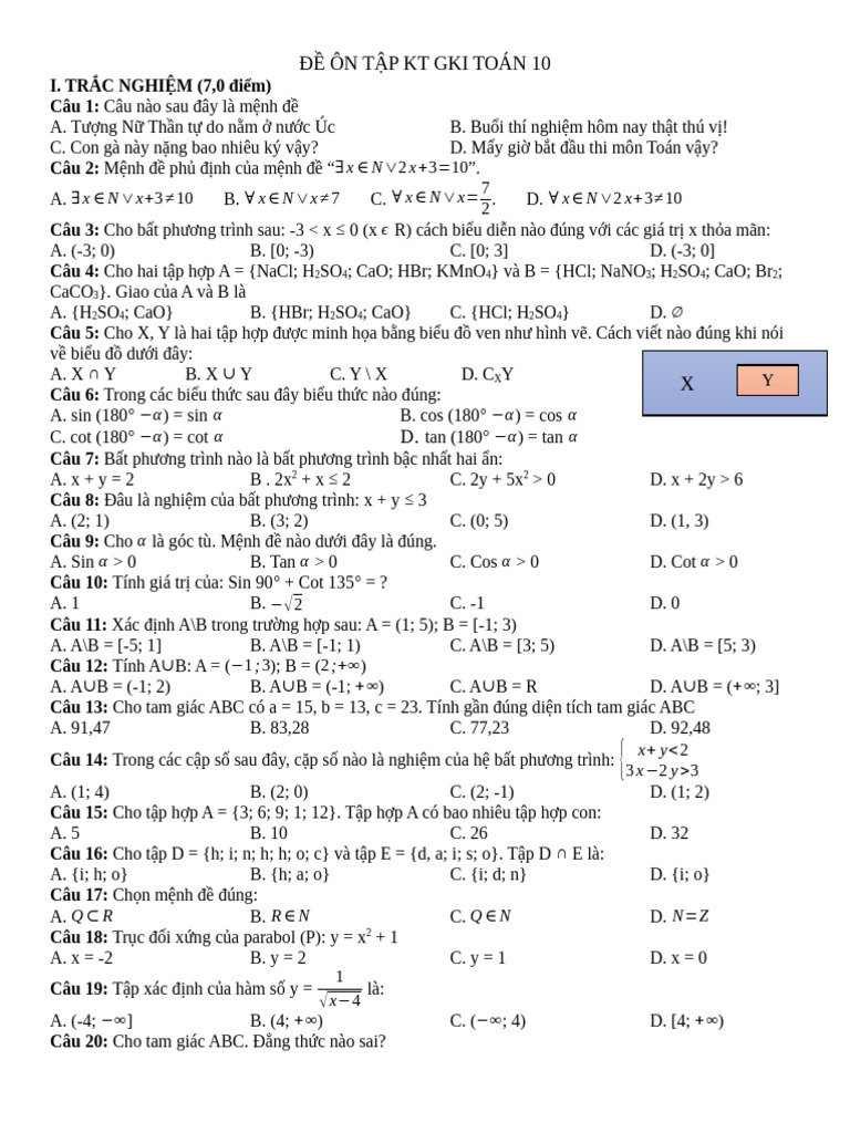 ĐỀ KIỂM TRA GKI TOÁN 10 | PDF