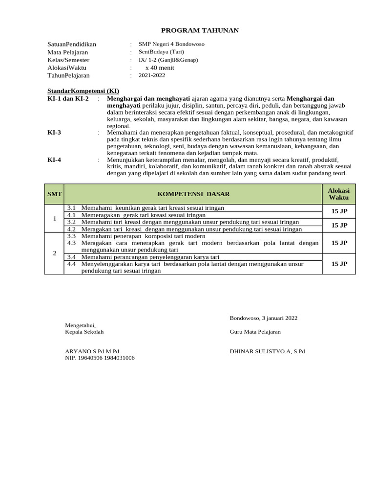 Program Tahunan - Tari 9 | PDF