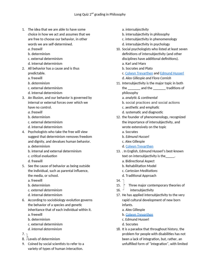 2nd Long Quiz in Philosophy | PDF | Phenomenology (Philosophy) | Free Will
