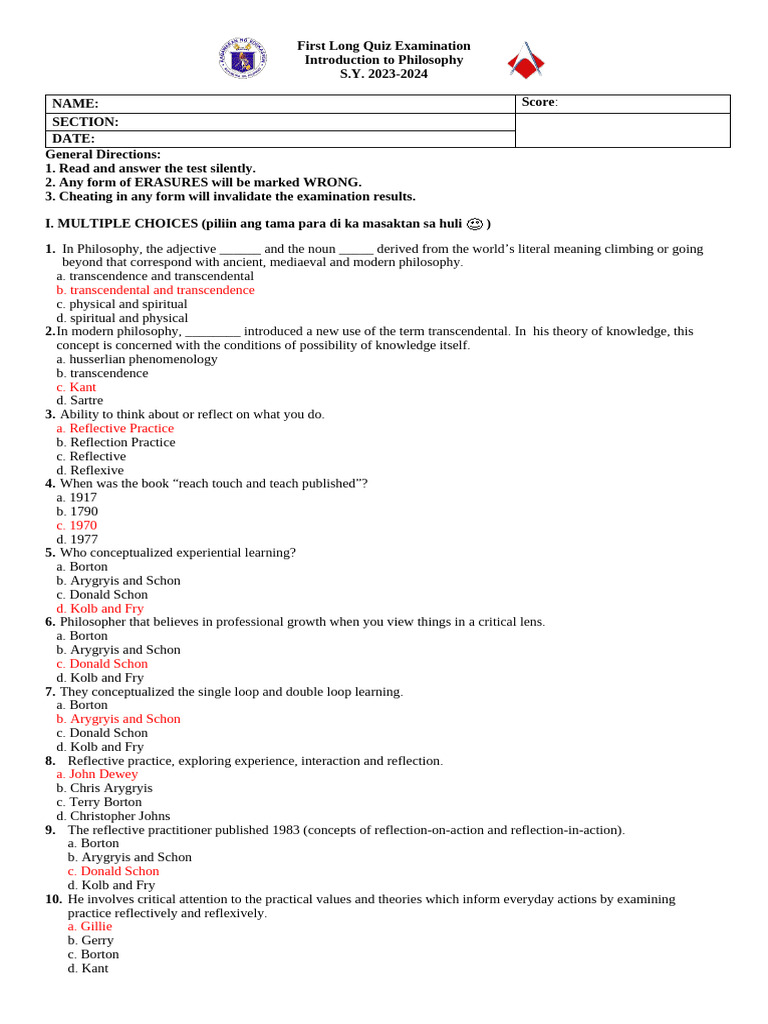 1st Long quiz in Philo KEY TO CORRECTION (1) | PDF | Transcendence (Philosophy) | Wisdom