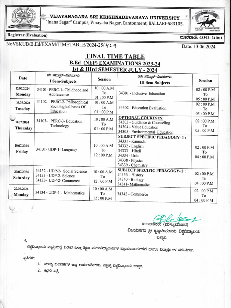 B.Ed July 2024 1st 3rd Sem Final Time Table - 20240613 - 0001 | PDF