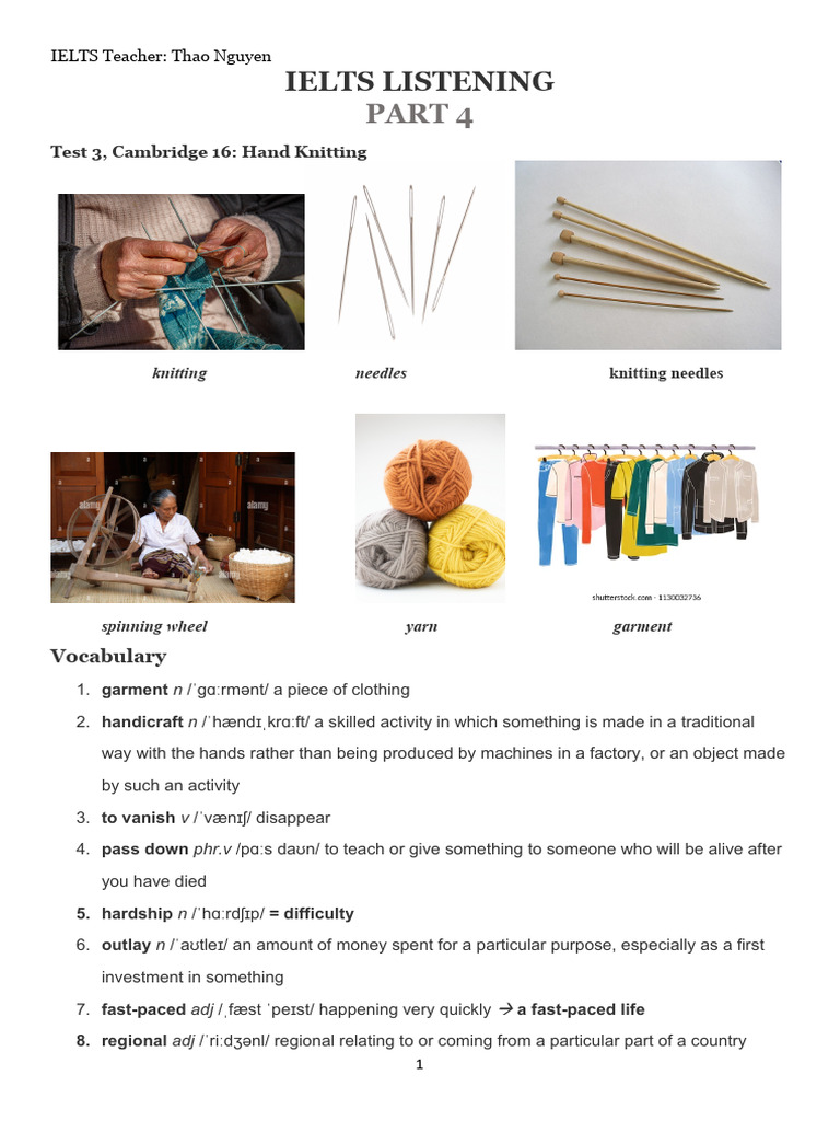 IELTS Cambridge Listening - PART 4 - Knitting - 1237 | PDF | Knitting | Clothing