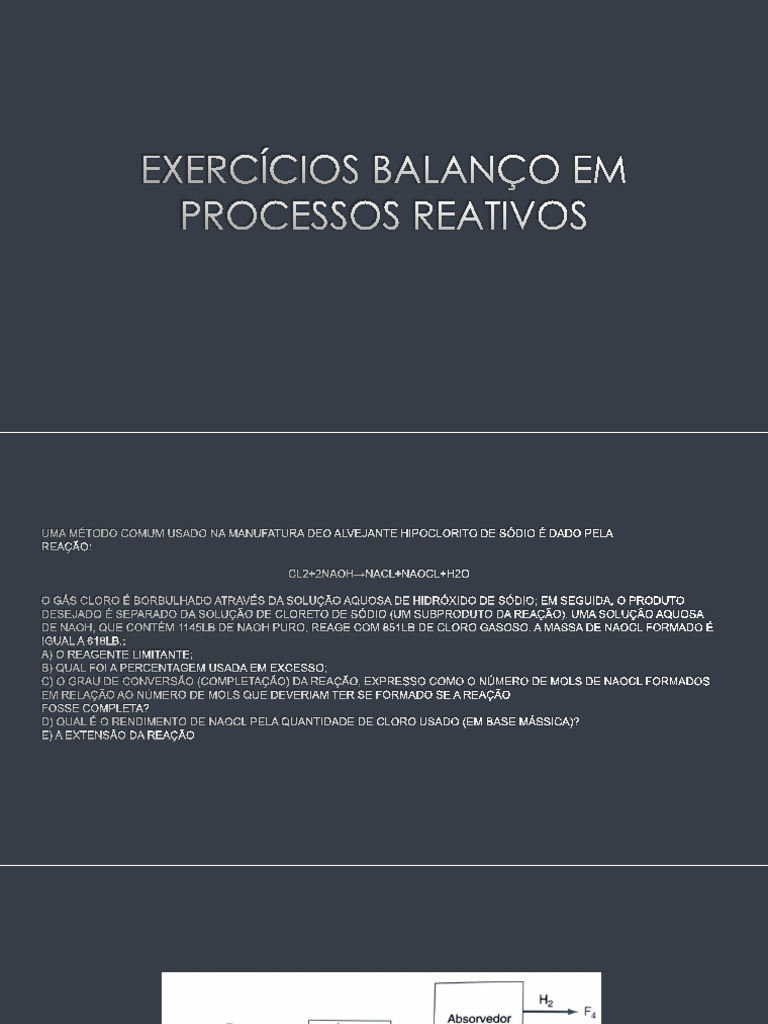 Exercícios Balanço em Processos Reativos | PDF | Zinco | Reações químicas
