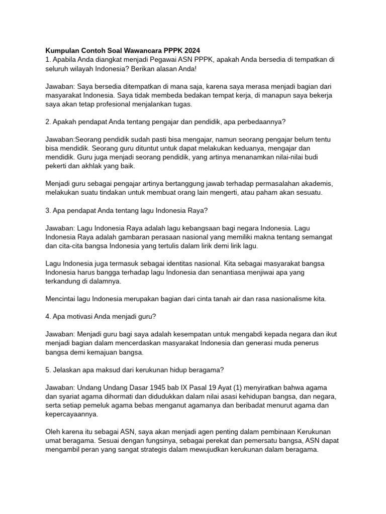 Kumpulan Contoh Soal Wawancara PPPK 2024 | PDF