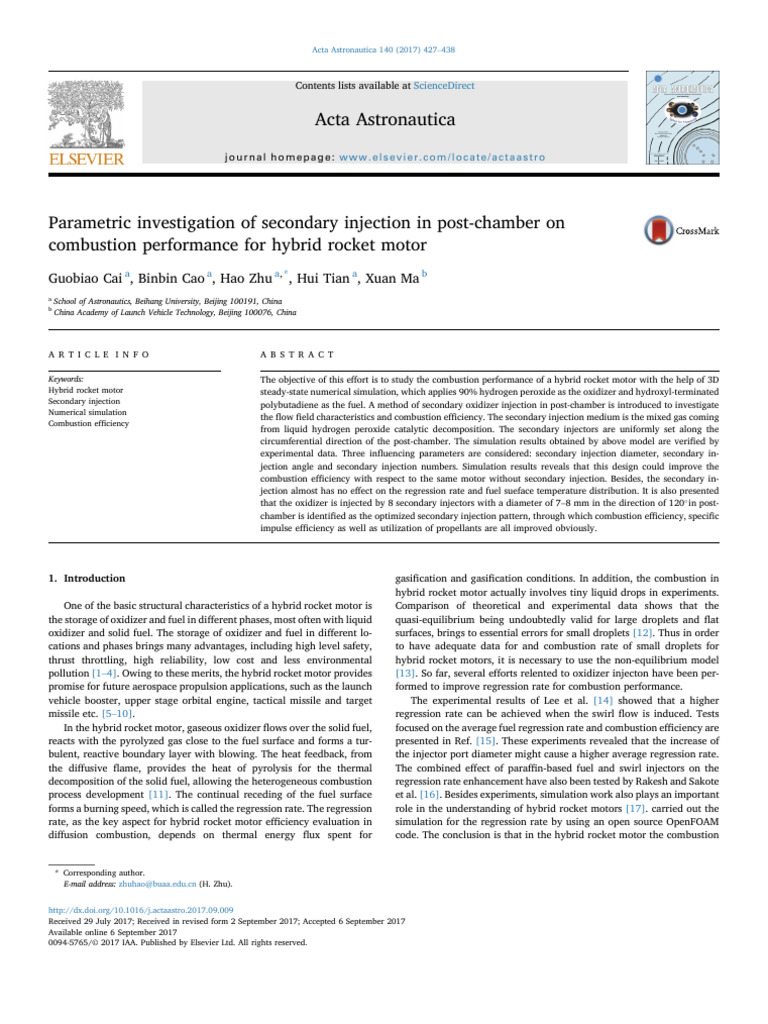 Parametric investigation of secondary injection in post-chamber on ...