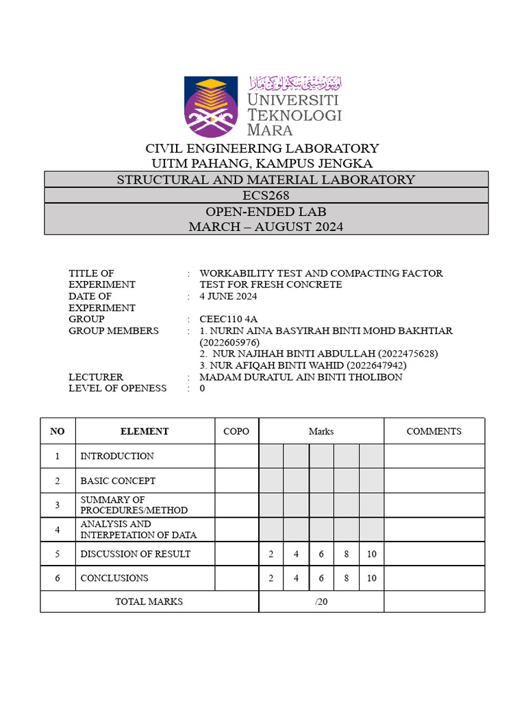 Group 3 Workability Test and Compacting Factor Test For Fresh Concrete ...