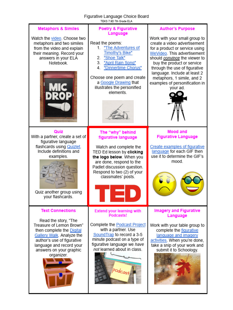 Figurative Language Choice Board | PDF | Human Communication