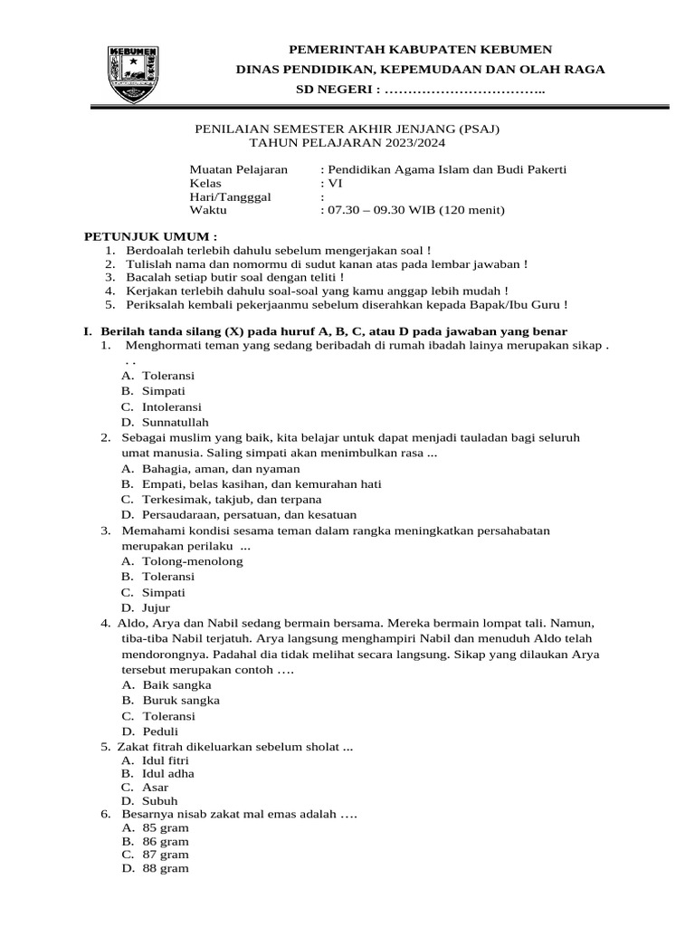 Soal Psaj KLS Vi 2024 | PDF