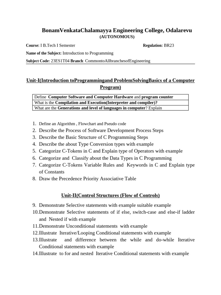 Introduction To Programming BR 23 Unit Wise Questions | PDF | Pointer (Computer Programming ...