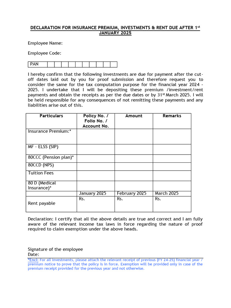 Insurance Premium and Investment Declaration | PDF