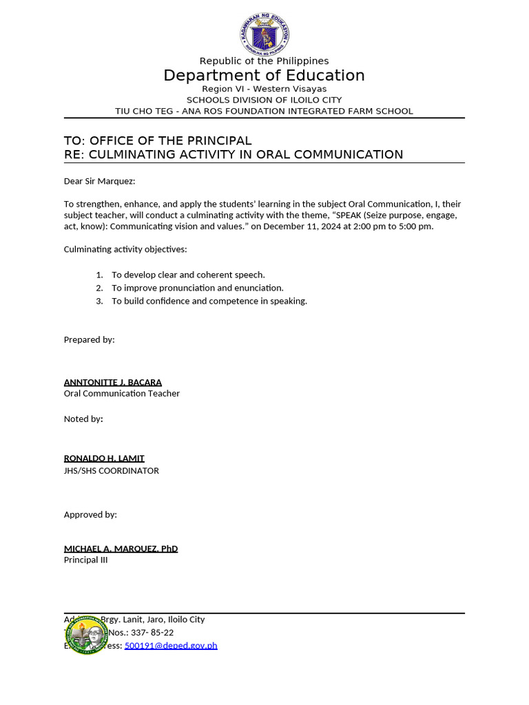 Letter Culminating Activity | PDF | Public Speaking | Body Language