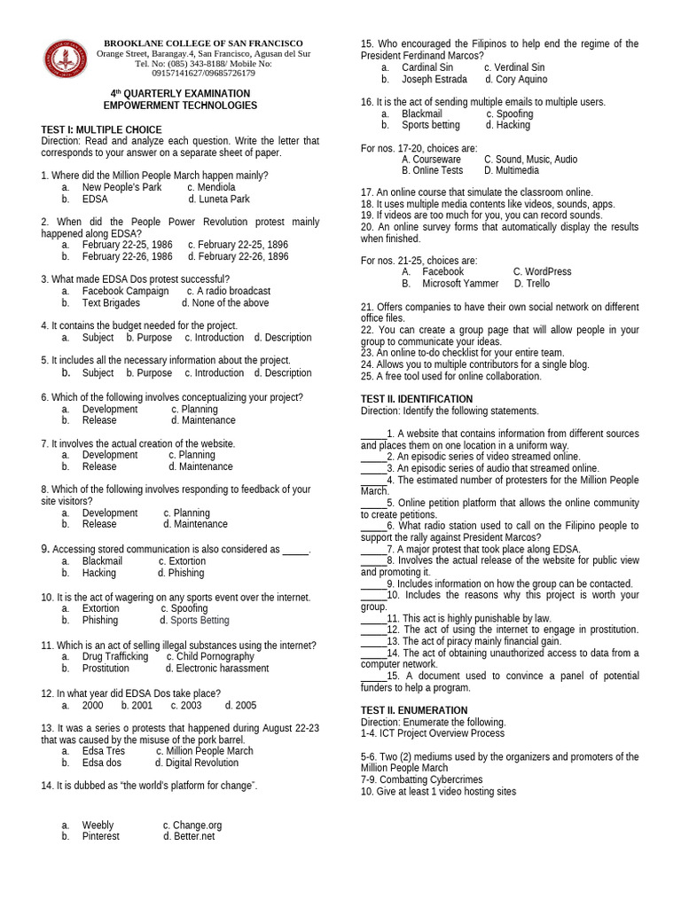 4th QUARTERLY EXAM EMPTECH | PDF | Cyberspace | Computing