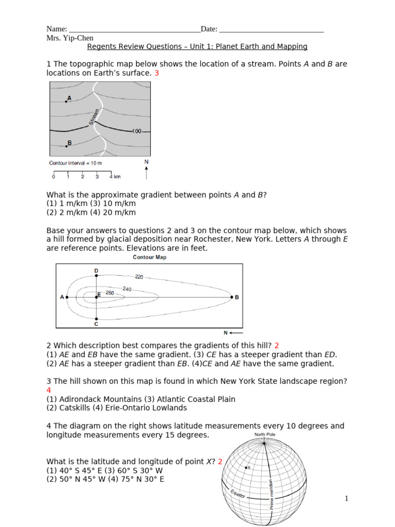 Regents-Review-Questions Unit-1 PlanetEarthTopo Map - KEY | PDF | Earth ...