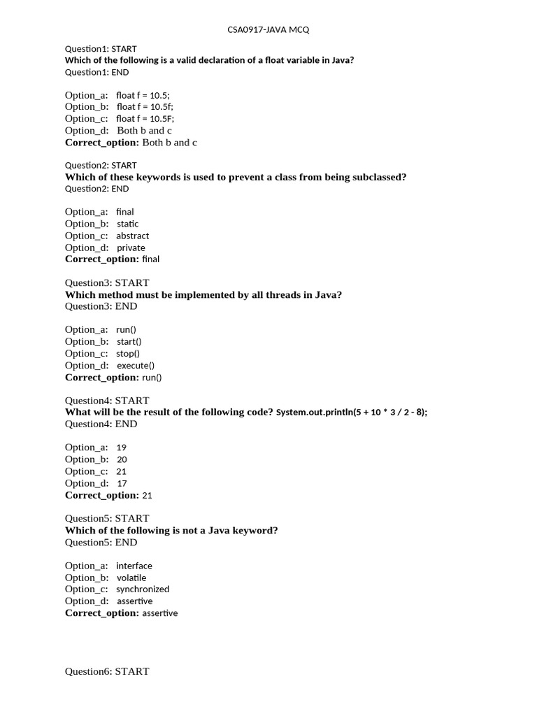 Java Mcq Csa0917 Word Format Pdf Class Computer Programming Method Computer Programming 
