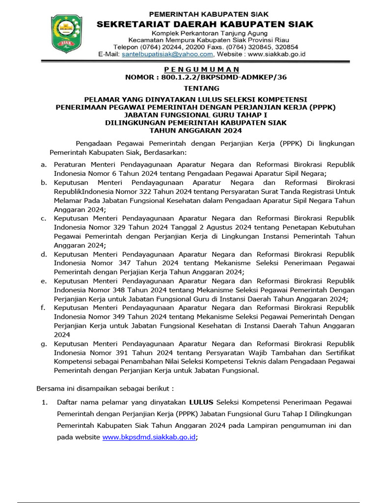 Pengumuman Lulus Seleksi PPPK Siak | PDF
