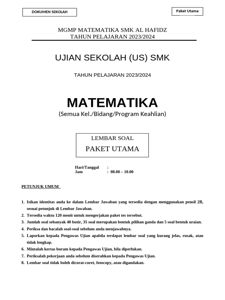 Soal Usbn MTK Xii Otkp 2023 | PDF
