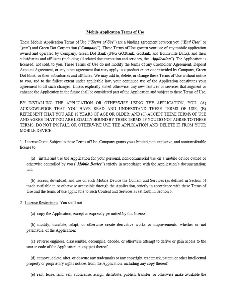 Mobile Application Terms of Use | PDF | Damages | Indemnity