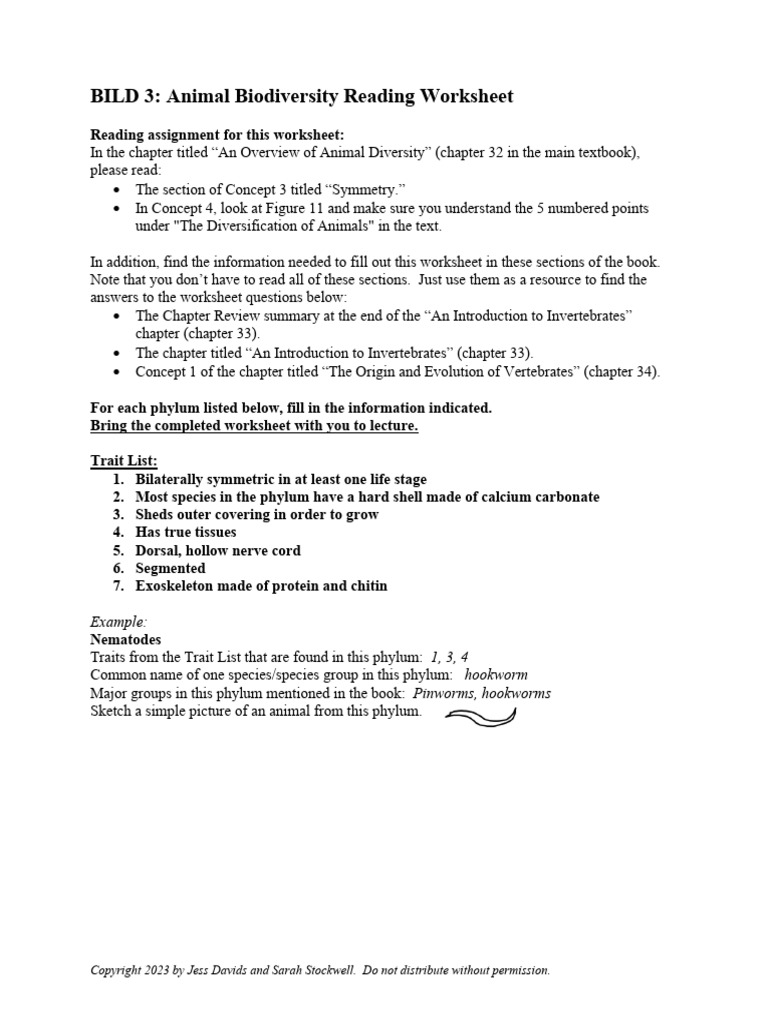 Animal Biodiversity Reading Worksheet | PDF | Invertebrate | Organisms