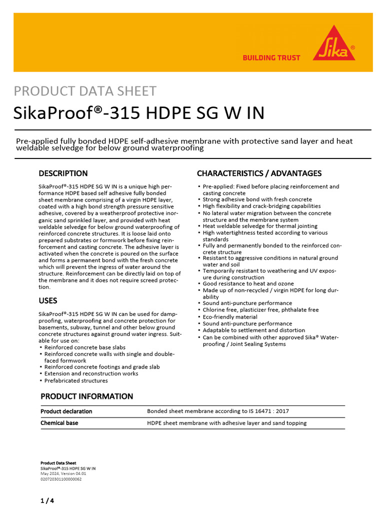 Pds Sikaproof 315hdpesgwin | PDF | Concrete | Adhesive