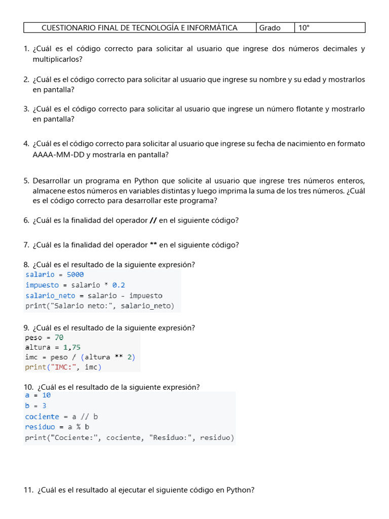 Cuestionario Final de Tecnología e Informática | PDF | Python (lenguaje de programación ...