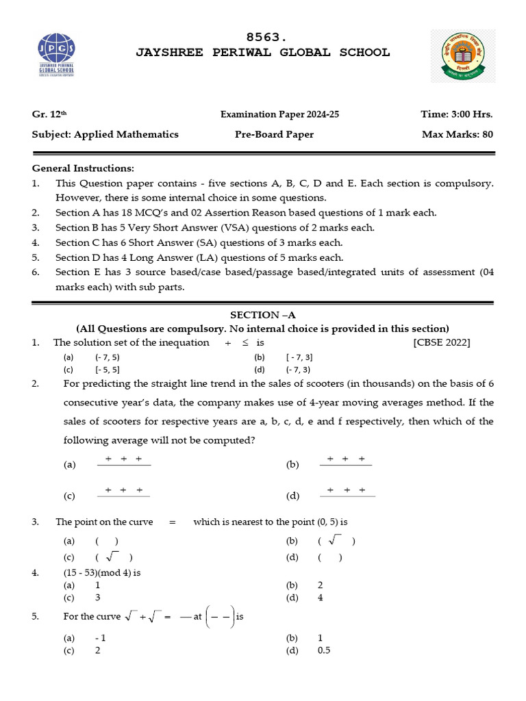 1st Preboard Paper of Maths Thanks | PDF | Matrix (Mathematics) | Loans