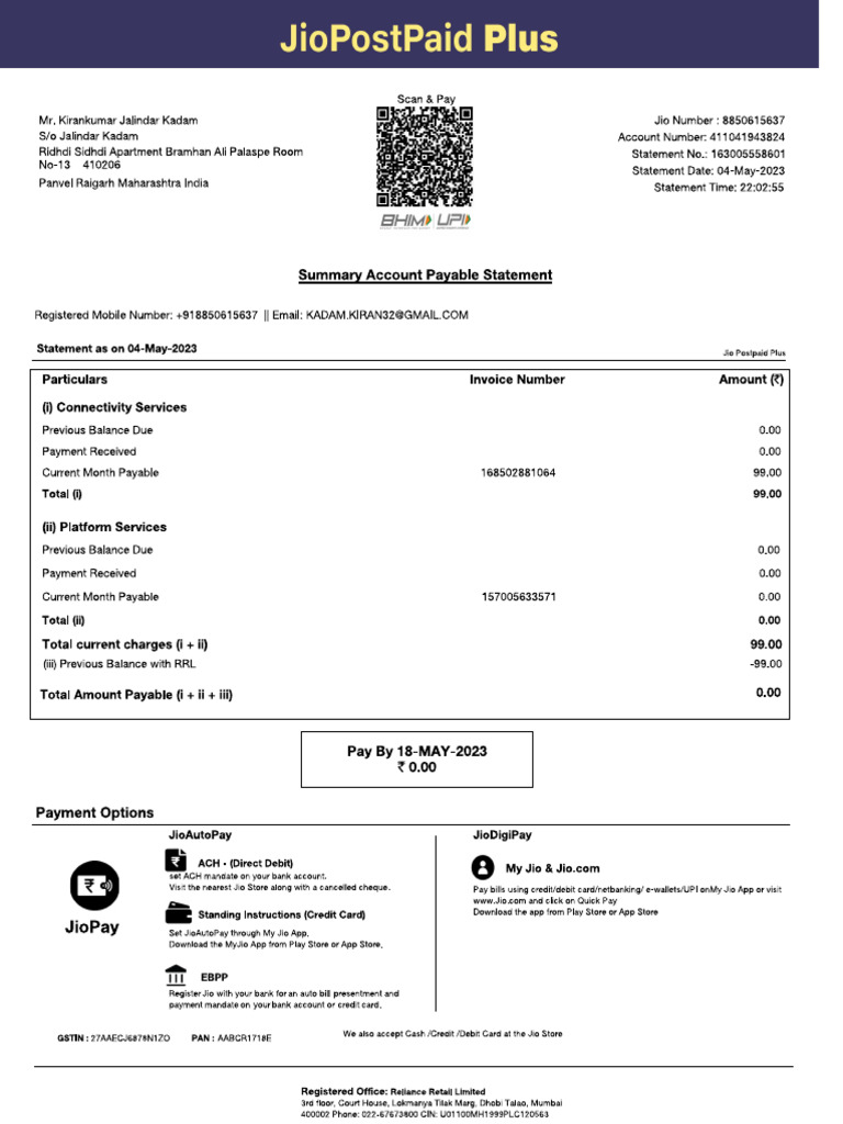 jio bill | PDF