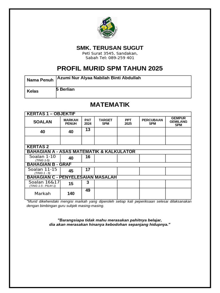 PROFIL MURID SPM 2025.doc - MATEMATIK 5 Berlian | PDF