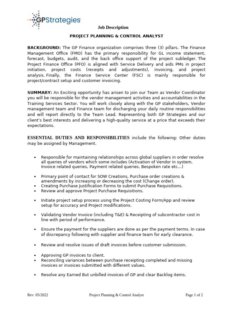 Vendor Coordinator Job Overview | PDF | Invoice | Business
