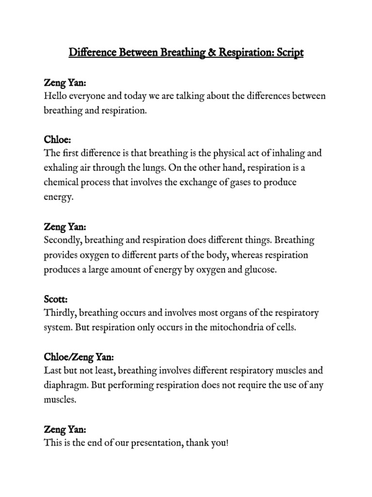 Difference Between Breathing & Respiration_ Script | PDF