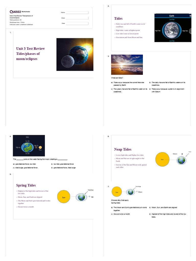 Unit 3 Test Review Tides_phases of moon_eclipses _ Quizizz | PDF | Tide ...