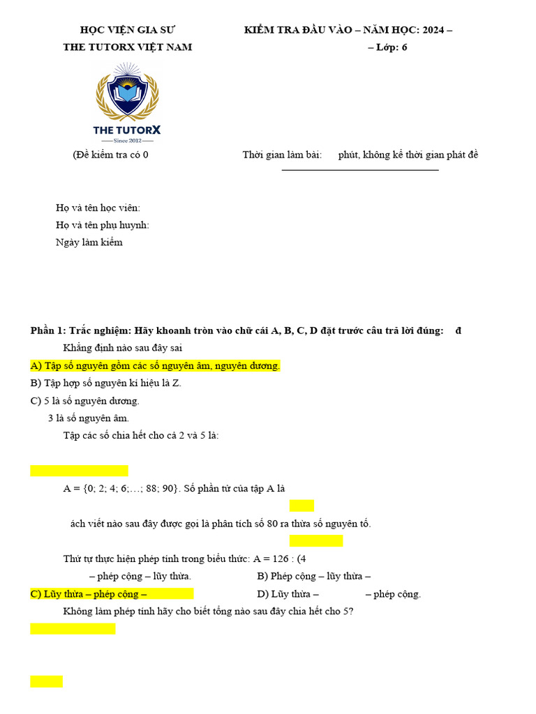 Đáp Án Toán + Anh 6 CK1 | PDF