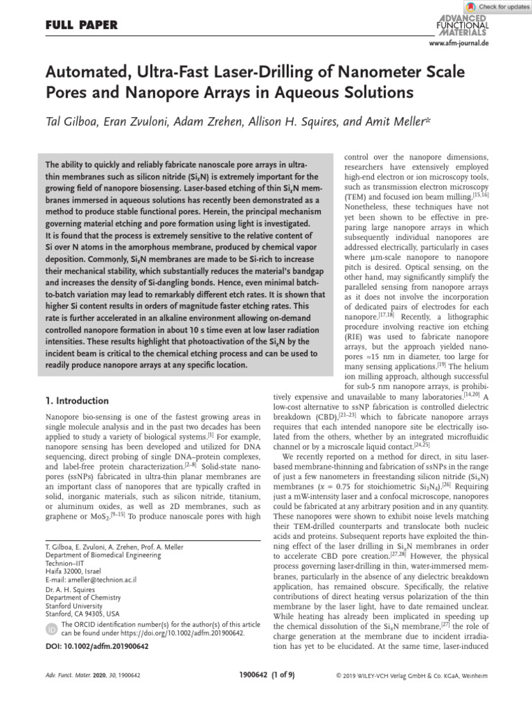 Adv Funct Materials 2019 Gilboa Laser-Drilling | PDF | Laser | Refractive Index