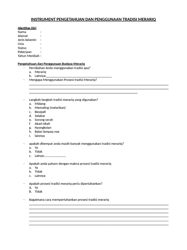 Instrument Pengetahuan Dan Penggunaan Tradisi Merariq | PDF