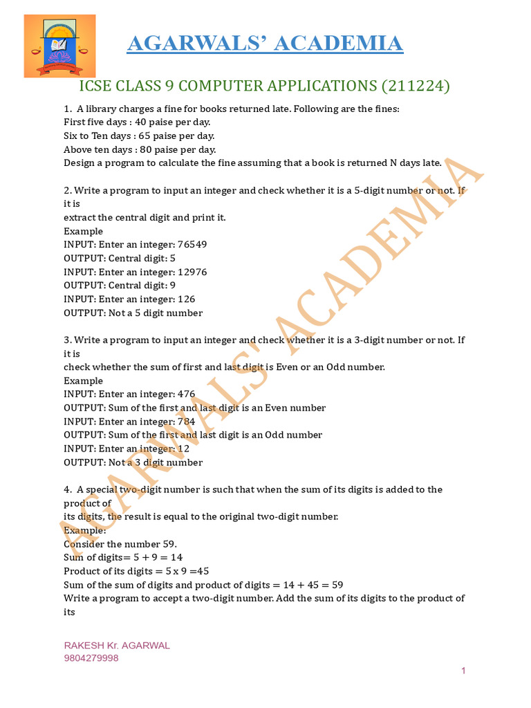Icse Class 9 Computer Applications Programming Homework | PDF | Numbers | Mathematics