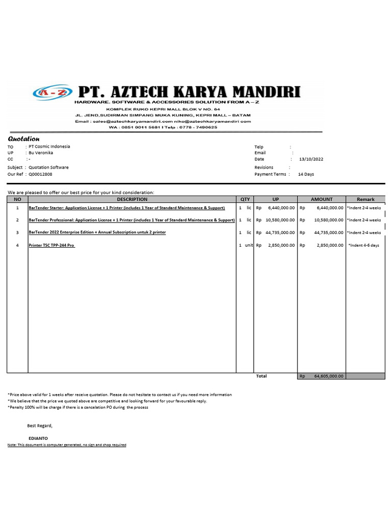 Aztech Karya Mandiri - Software Bartender + TSC Printer | PDF