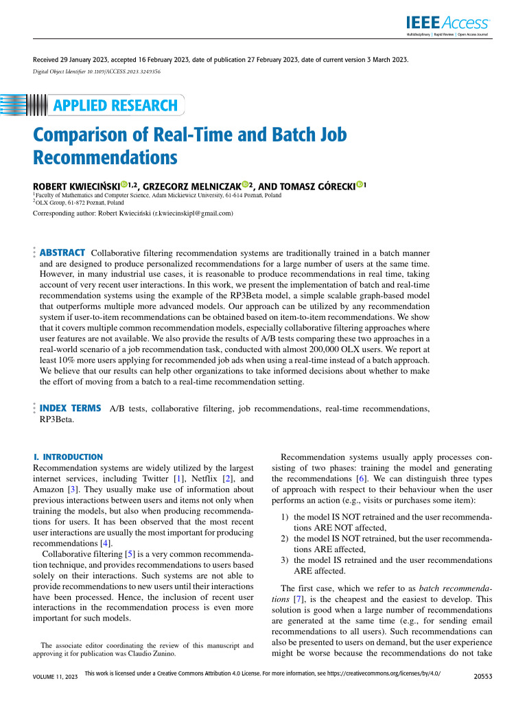 Comparison of Real-Time and Batch Job Recommendations | PDF | Computing ...