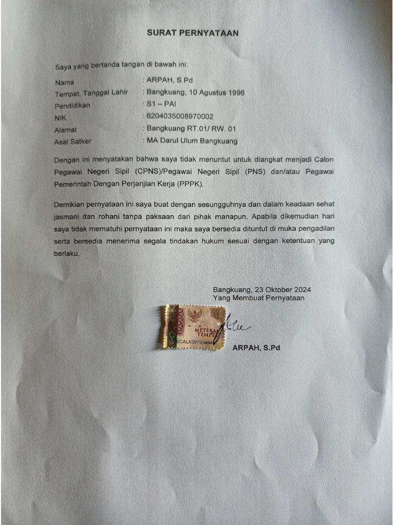 Surat Pernyataan Arpah | PDF