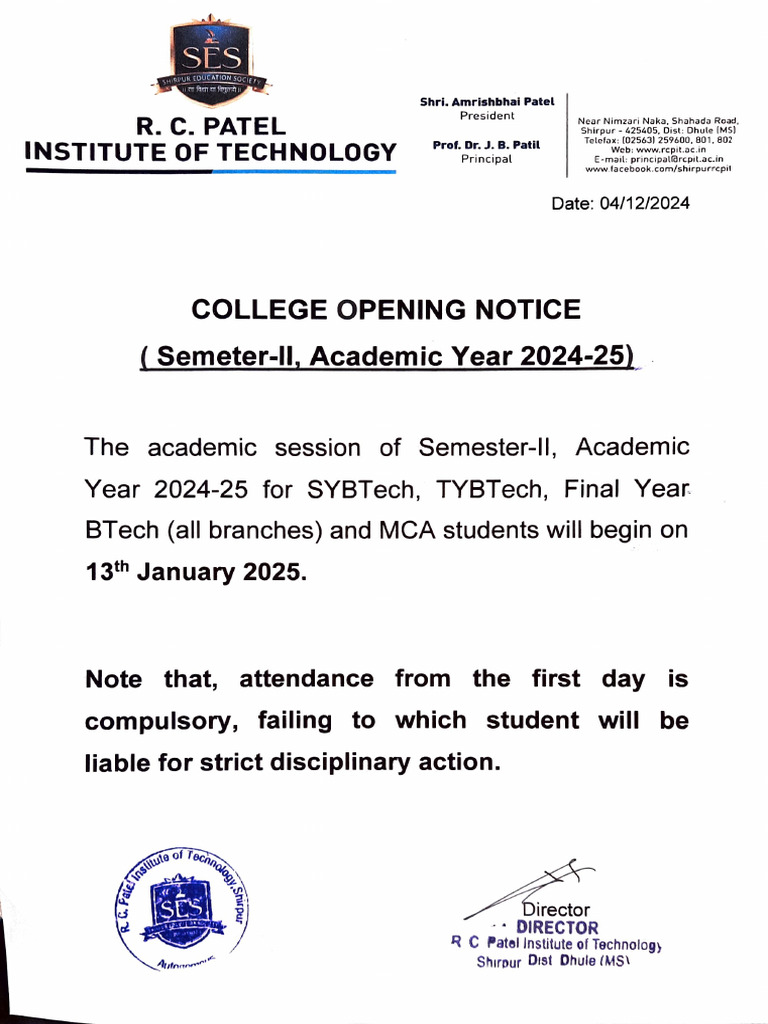 College Opening Notice SEM-II, 2024-25-1 | PDF