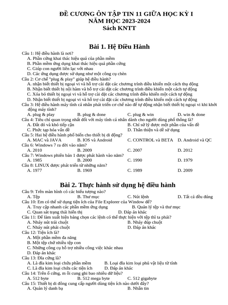 De-cuong-on-tap-giua-HK1-Tin-11-KNTT | PDF