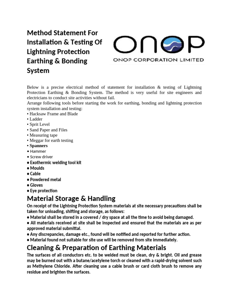 Method of Statement For Iighting Protection & Earthing | PDF | Electrical Conductor | Welding