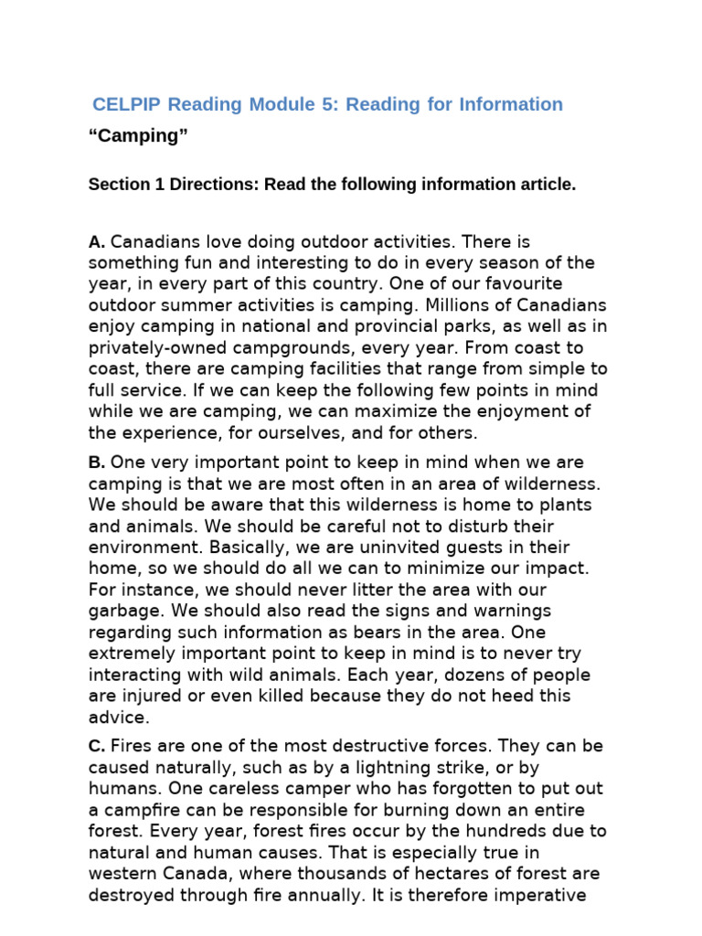Reading Module 5 Task 3 | PDF | Camping
