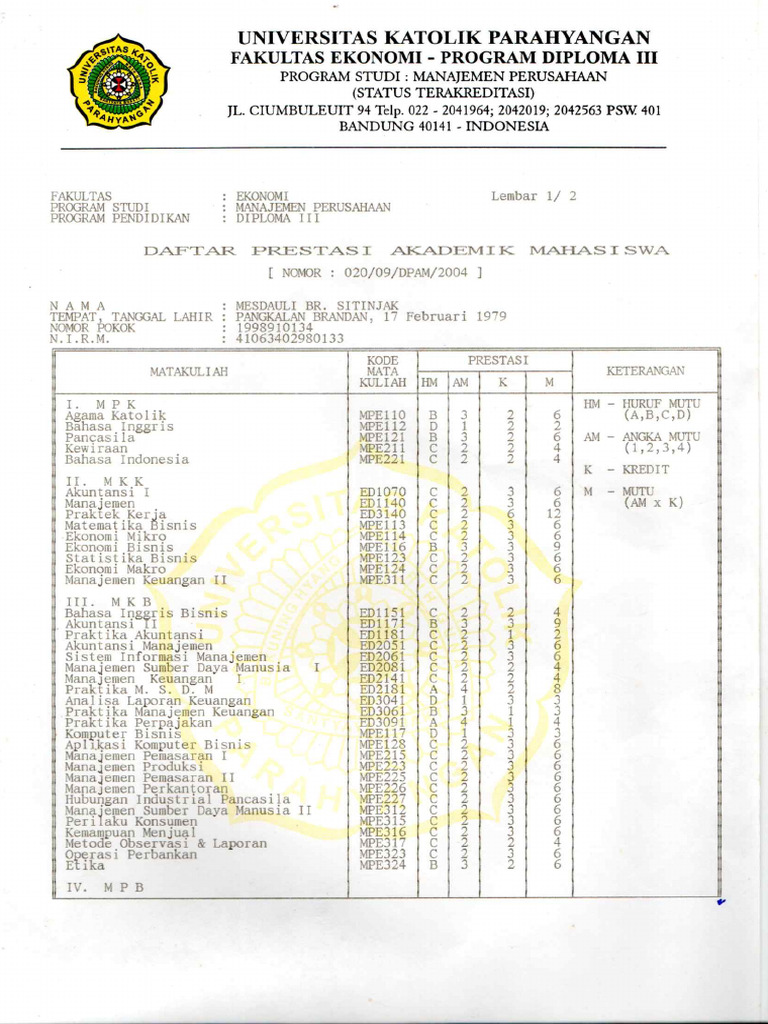 Transkip Dii Imes20241231 - 11043710 | PDF