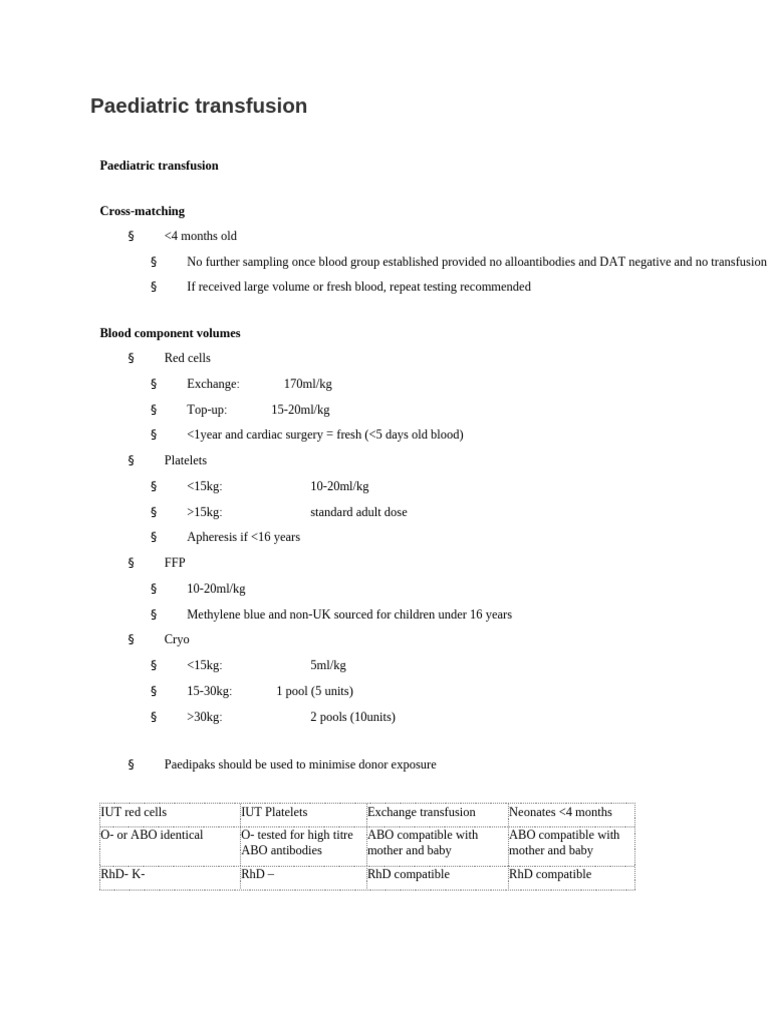 Pediatric Blood Transfusion Guidelines | PDF | Blood Transfusion | Platelet