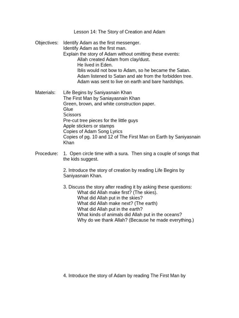 Story of The Creation of Adam - Planning - Preschool ...