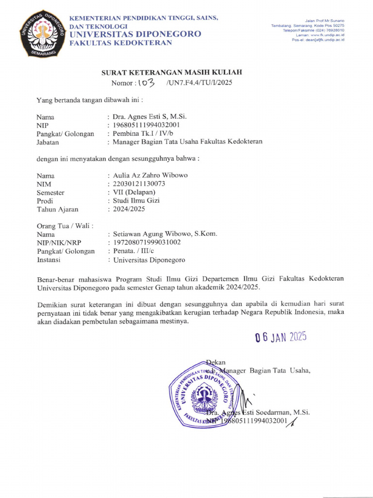 103 - Suket Masih Kuliah - CAP - Aulia Az Zahro Wibowo - 001 | PDF