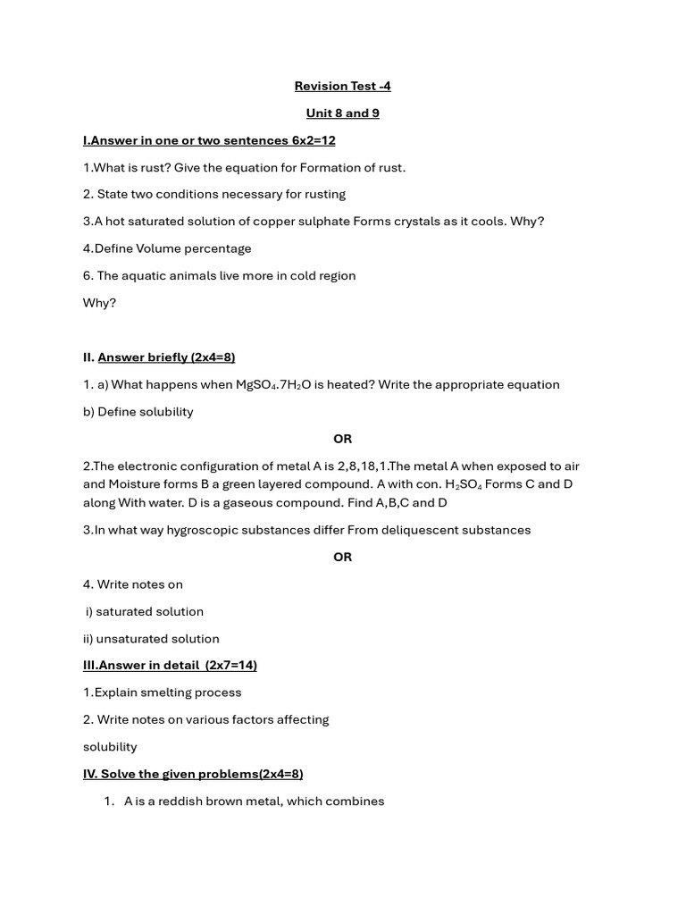 Revision Test on Chemistry Concepts | PDF