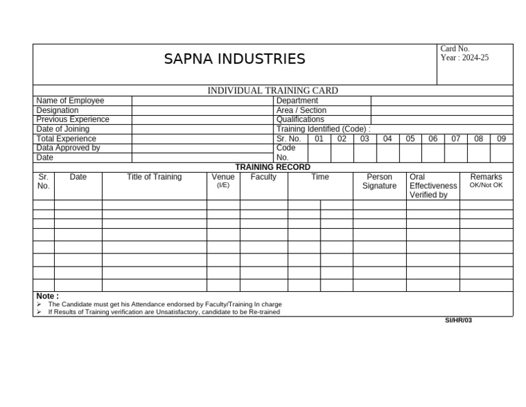Individual Training Card 2024-25 | PDF