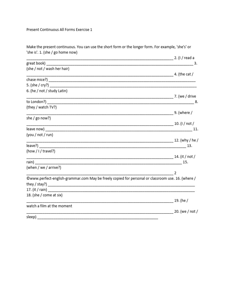 Present Continuous All Forms Exercise 1 | PDF